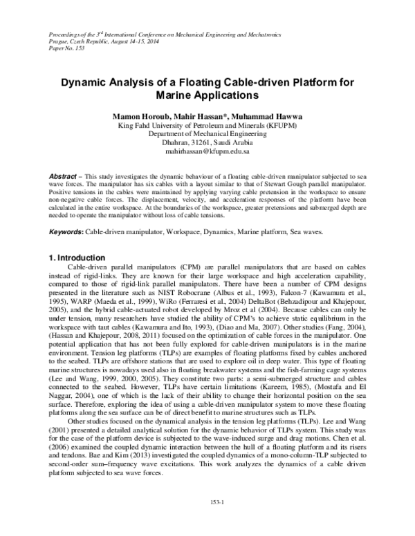 Pdf Dynamic Analysis Of A Floating Cable Driven Platform For Marine Applications