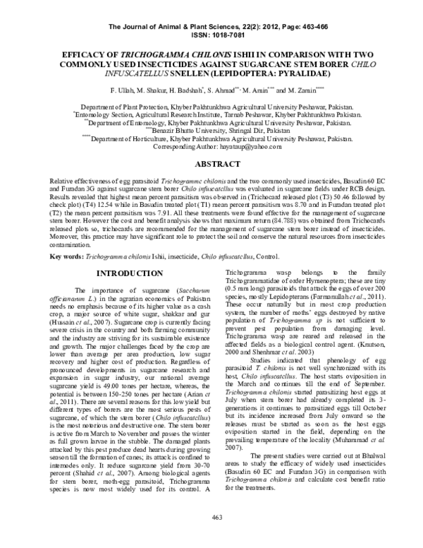 Pdf Efficacy Of Trichogramma Chilonis Ishii In Comparison With Two