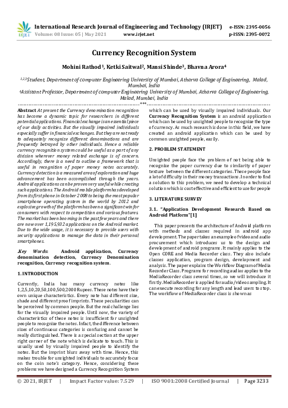 (PDF) IRJET- Currency Recognition System