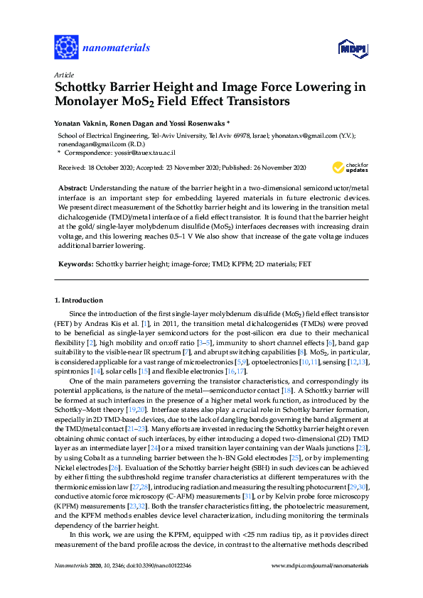(PDF) Schottky Barrier Height and Image Force Lowering in Monolayer ...