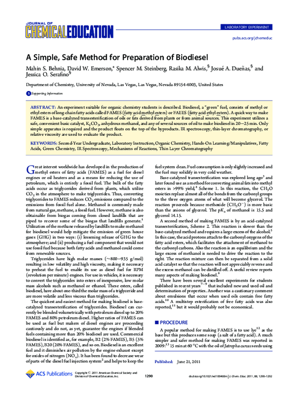 (PDF) A Simple, Safe Method for Preparation of Biodiesel