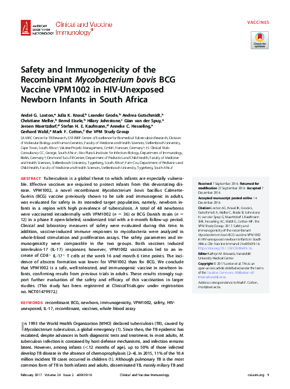 (PDF) Safety and Immunogenicity of the Recombinant Mycobacterium bovis ...