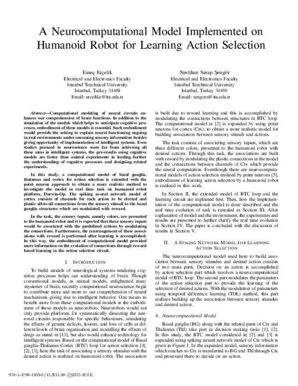 Pdf A Neurocomputational Model Implemented On Humanoid Robot For Learning Action Selection