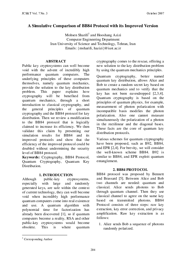 (PDF) A Simulative Comparison of BB84 Protocol with its Improved Version | Mohsen Sharifi ...