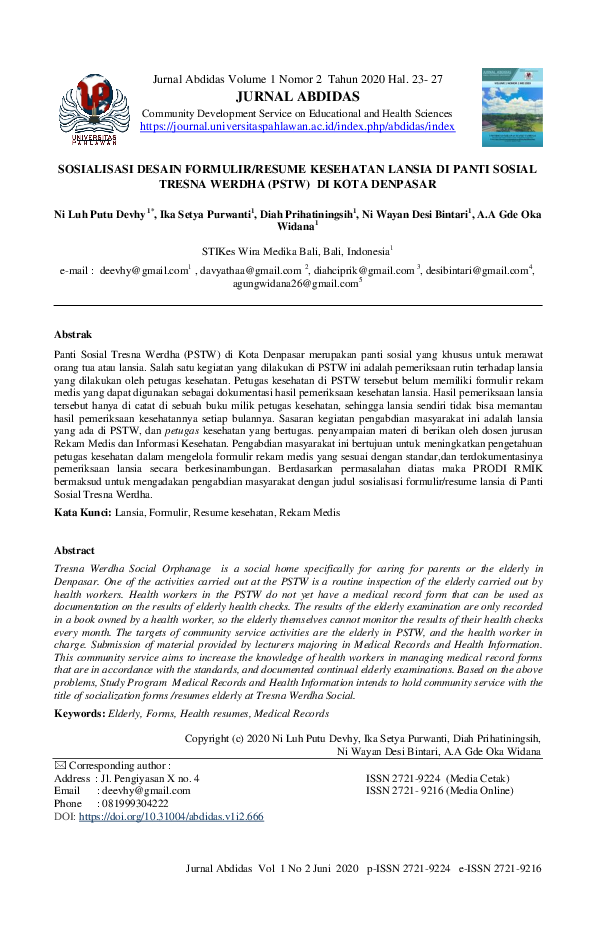 (PDF) Sosialisasi Desain Formulir/Resume Kesehatan Lansia DI Panti Sosial Tresna Werdha (PSTW ...