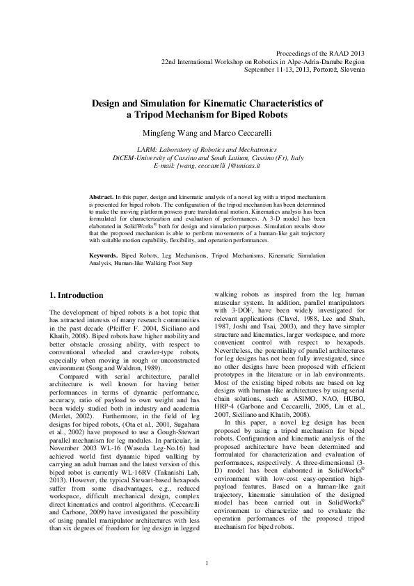 (PDF) Design and Simulation for Kinematic Characteristics of a Tripod Mechanism for Biped Robots