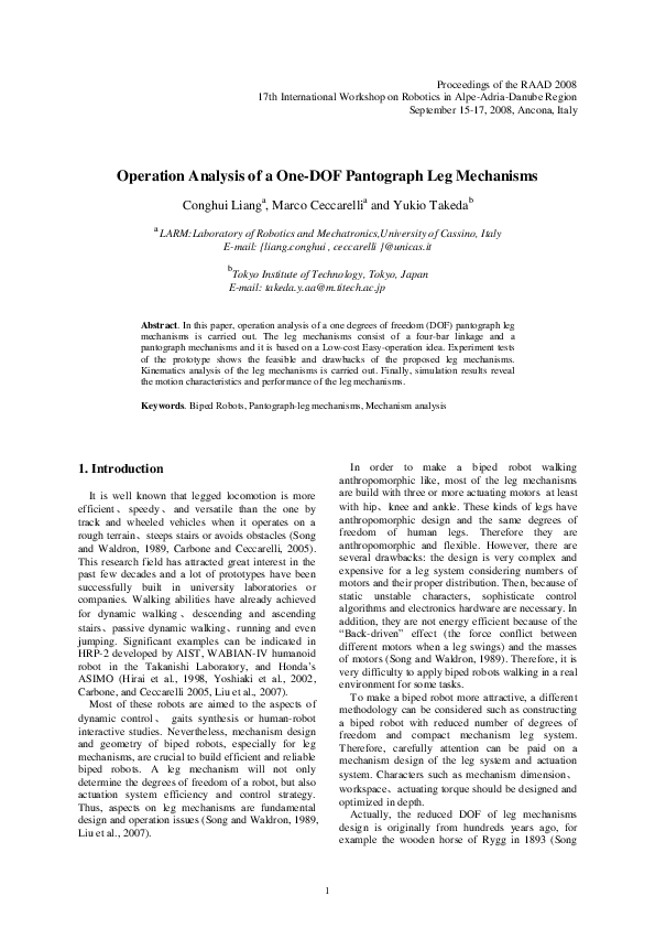 (PDF) Operation Analysis of a One-DOF Pantograph Leg Mechanisms