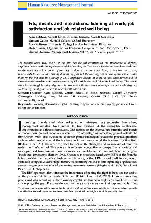 (PDF) Fits, misfits and interactions: learning at work, job ...