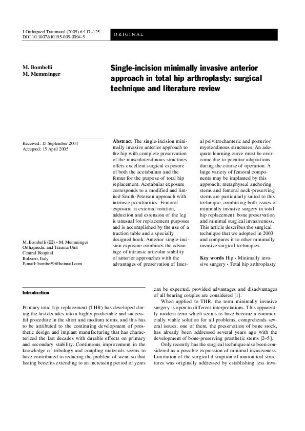 (PDF) Single-incision minimally invasive anterior approach in total hip ...