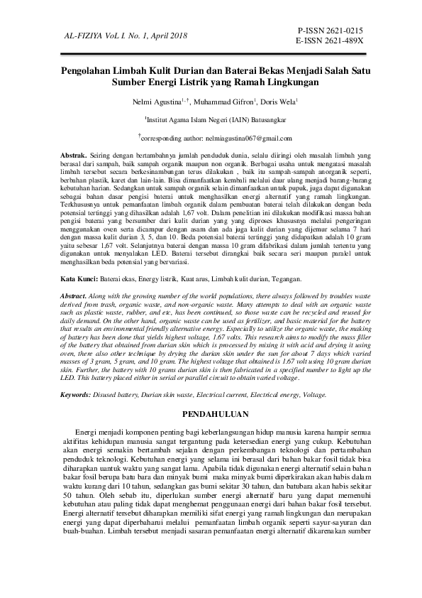 (PDF) Pengolahan Limbah Kulit Durian dan Baterai Bekas Menjadi Salah ...