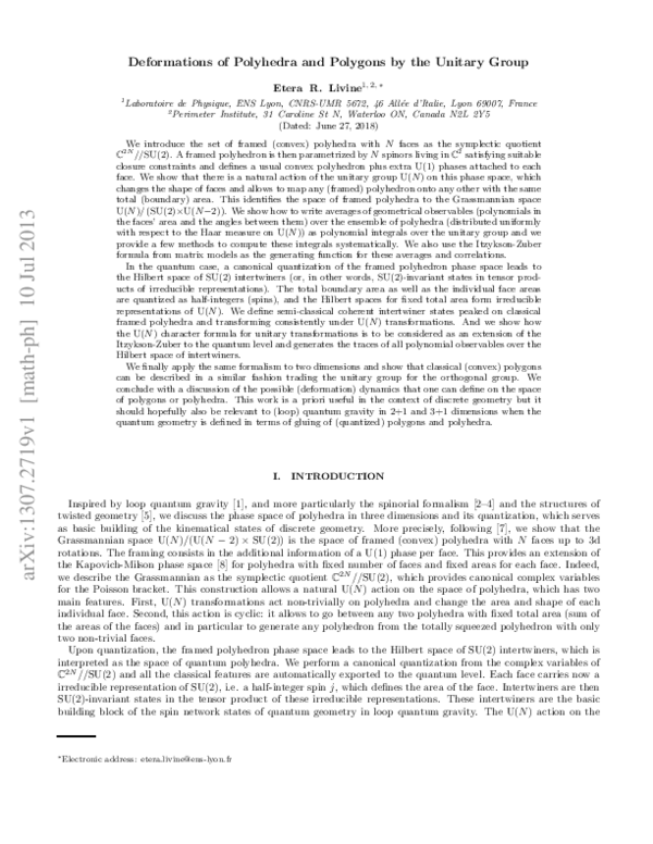 (PDF) Deformations of polyhedra and polygons by the unitary group | Etera Livine - Academia.edu