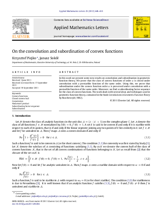 (PDF) On the convolution and subordination of convex functions