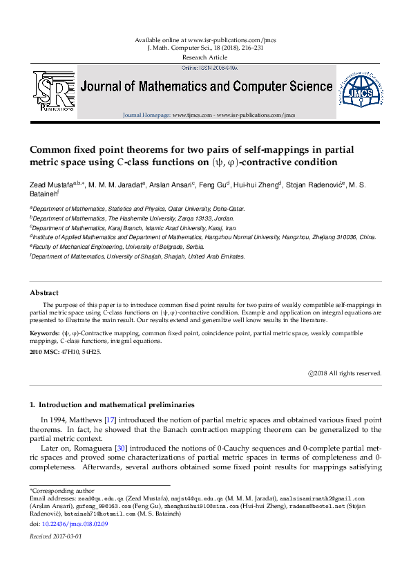 Pdf Common Fixed Point Theorems For Two Pairs Of Self Mappings In Partial Metric Space Using C