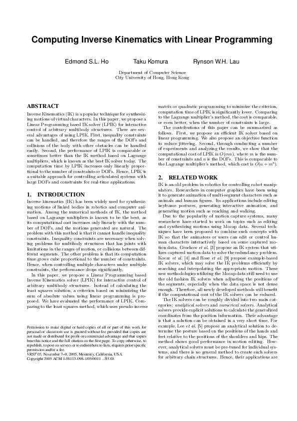 (PDF) Computing inverse kinematics with linear programming