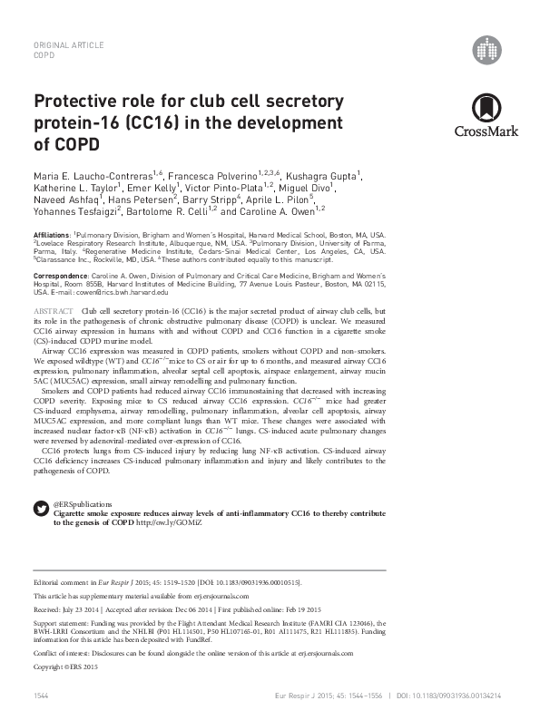 (PDF) Protective role for club cell secretory protein-16 (CC16) in the development of chronic ...