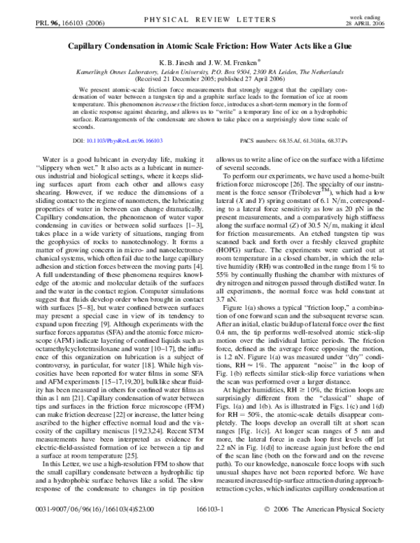 (PDF) Capillary Condensation in Atomic Scale Friction: How Water Acts ...
