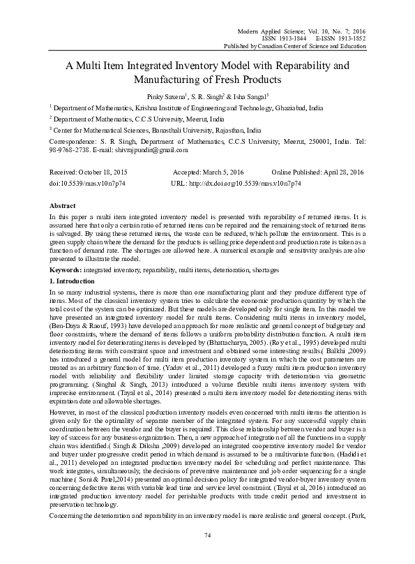 (PDF) A Multi Item Integrated Inventory Model with Reparability and ...