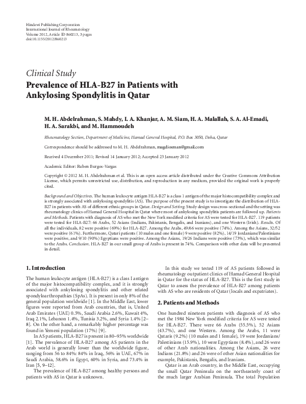 (PDF) Prevalence of HLA-B27 in Patients with Ankylosing Spondylitis in ...