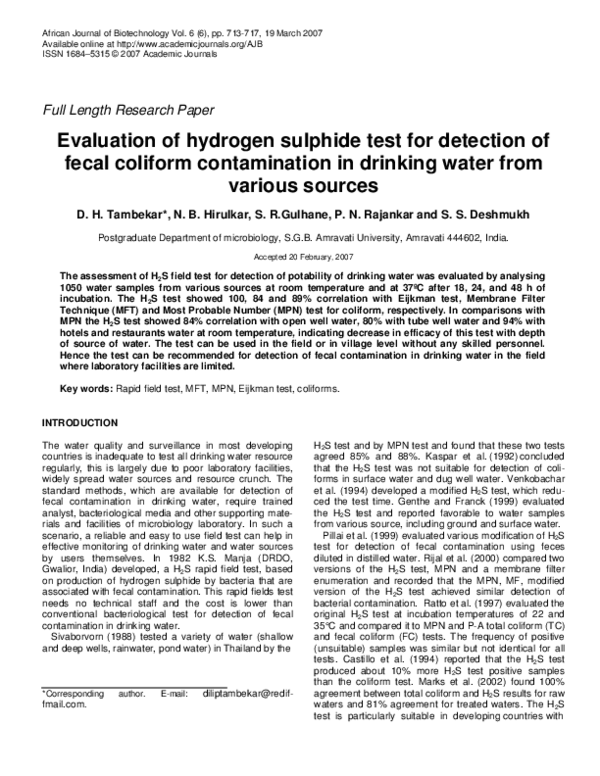 (PDF) Evaluation of hydrogen sulphide test for detection of fecal ...