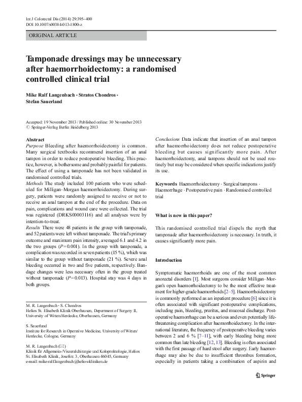 (PDF) Tamponade dressings may be unnecessary after haemorrhoidectomy: a ...