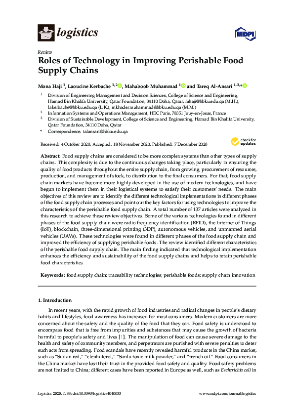 (PDF) Roles of Technology in Improving Perishable Food Supply Chains