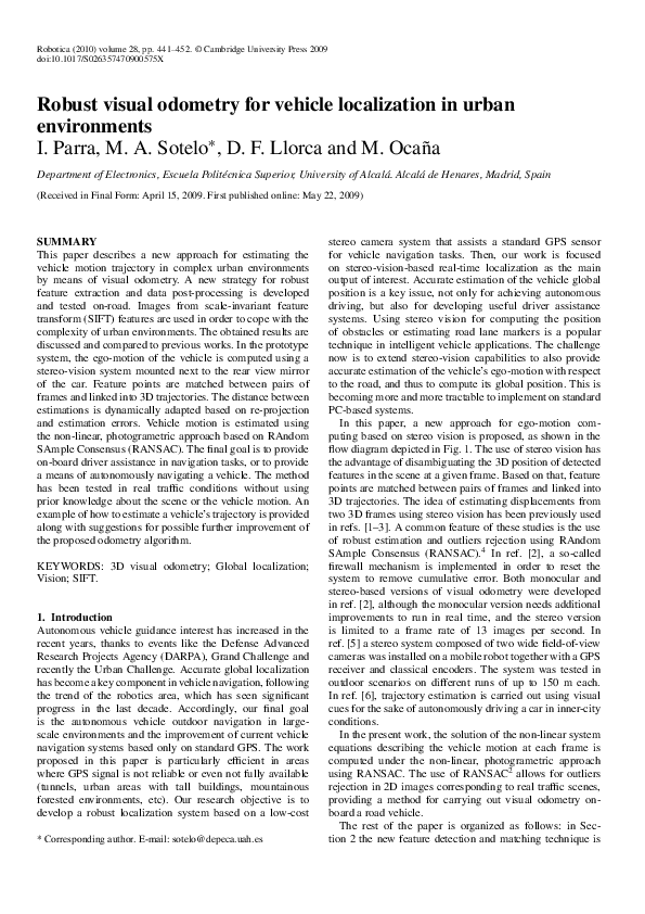 (PDF) Robust visual odometry for vehicle localization in urban environments