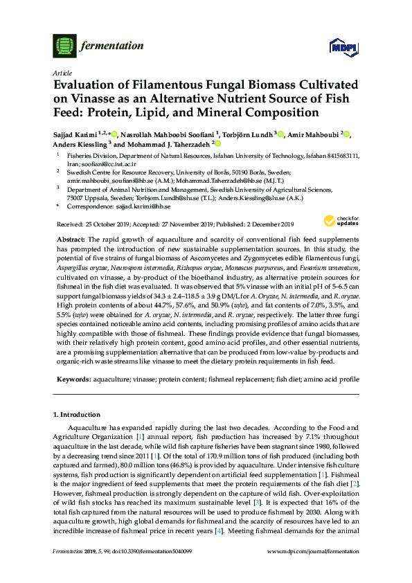 (PDF) Evaluation of Filamentous Fungal Biomass Cultivated on Vinasse as ...