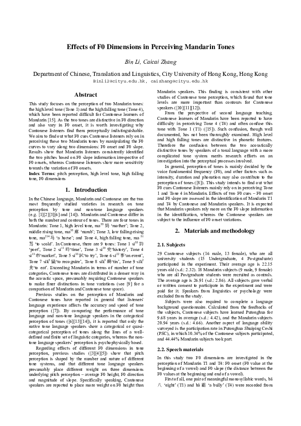 (PDF) Effects of F0 dimensions in perception of Mandarin tones