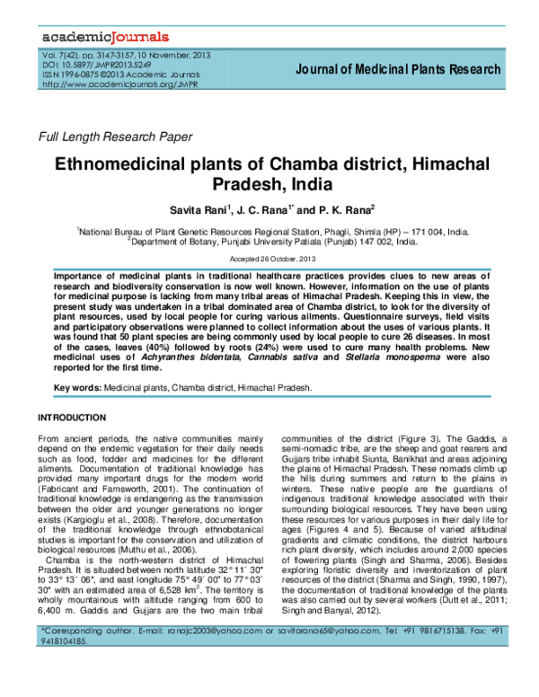 (PDF) Ethnomedicinal plants of Chamba district, Himachal Pradesh, India