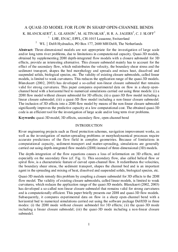 (PDF) A quasi-3D model for flow in sharp open-channel bends