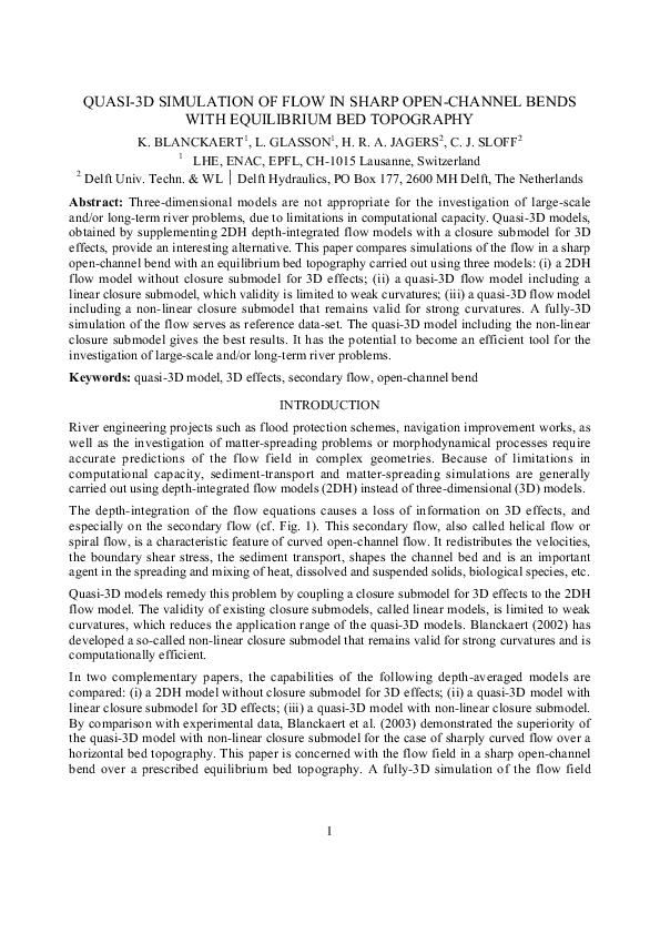 (PDF) Quasi-3D simulation of flow in sharp open-channel bends with horizontal and developed bed ...