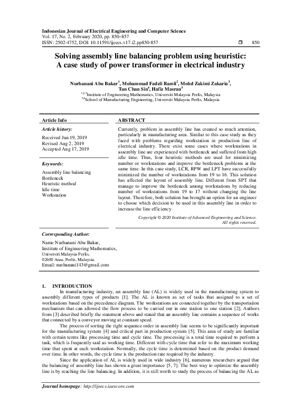 Pdf Solving Assembly Line Balancing Problem Using Heuristic A Case