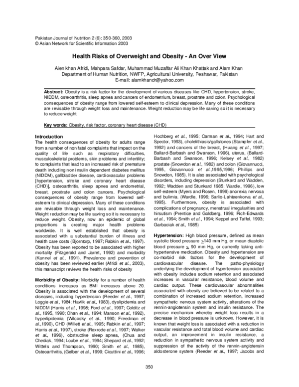 (PDF) Health Risks of Overweight and Obesity - An Over View
