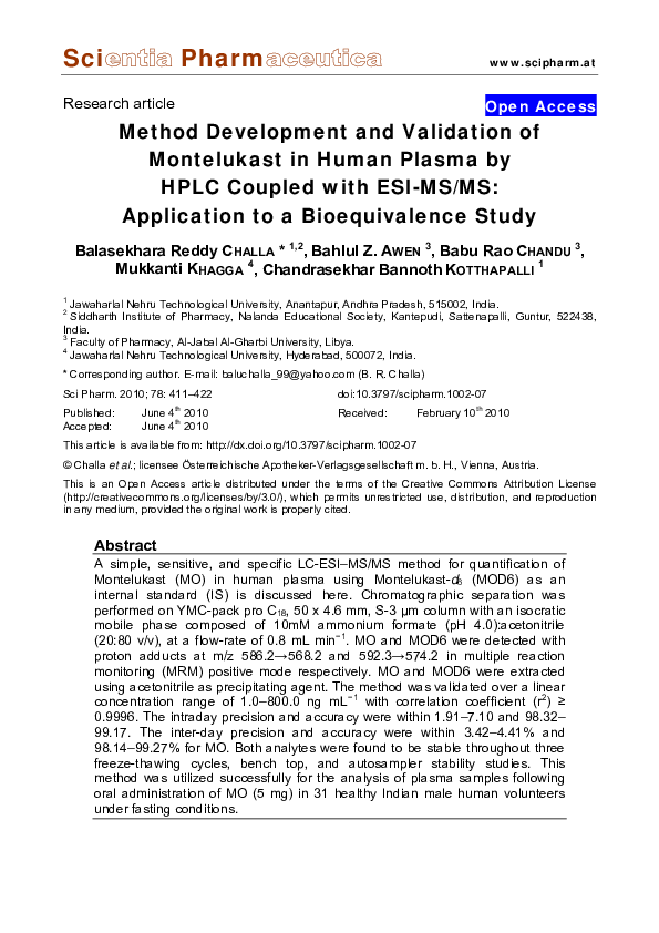 (PDF) Method development and validation of montelukast in human plasma by HPLC coupled with ESI ...
