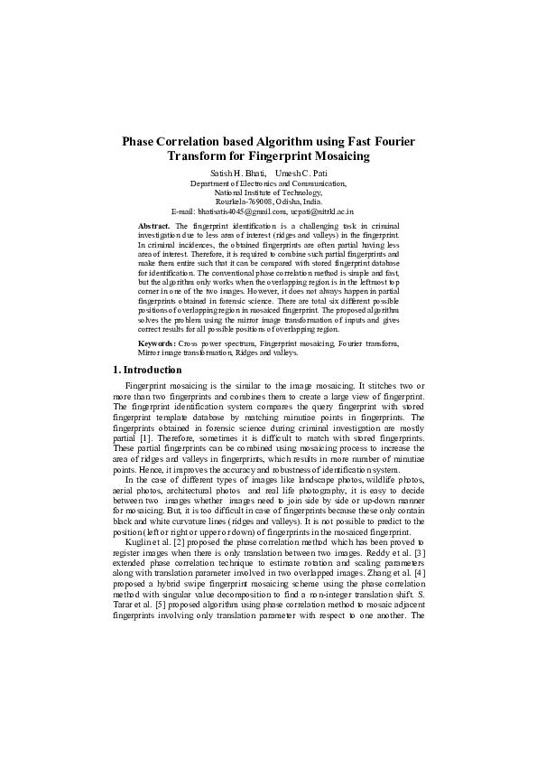 Pdf Phase Correlation Based Algorithm Using Fast Fourier Transform 9058
