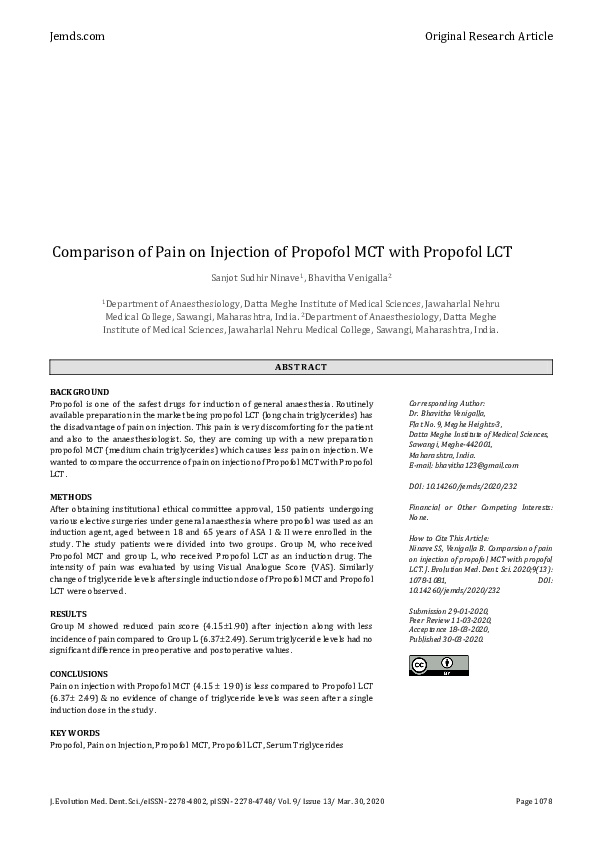 (PDF) Comparison of Pain on Injection of Propofol MCT with Propofol LCT
