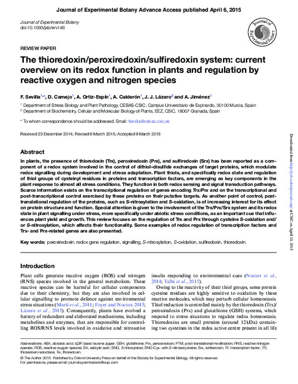 (PDF) The thioredoxin/peroxiredoxin/sulfiredoxin system: current ...