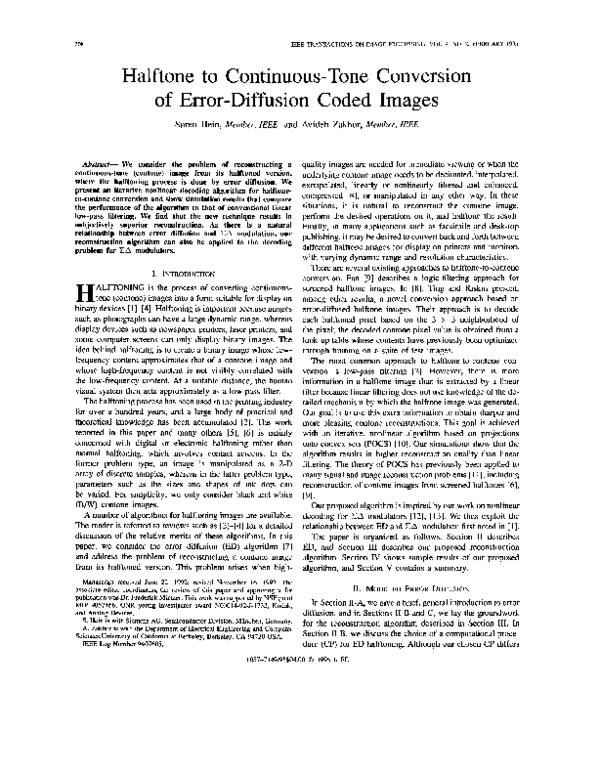 Pdf Halftone To Continuous Tone Conversion Of Error Diffusion Coded Images