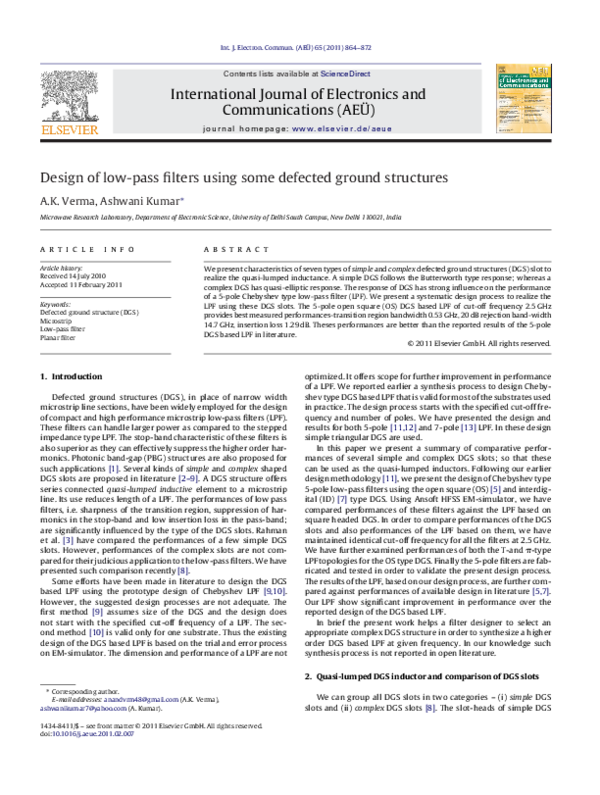 (PDF) Design of low-pass filters using some defected ground structures