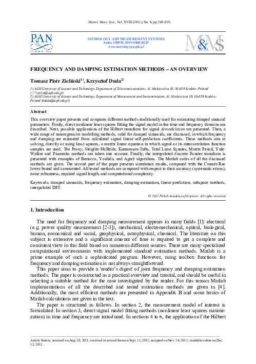 Pdf Frequency And Damping Estimation Methods An Overview