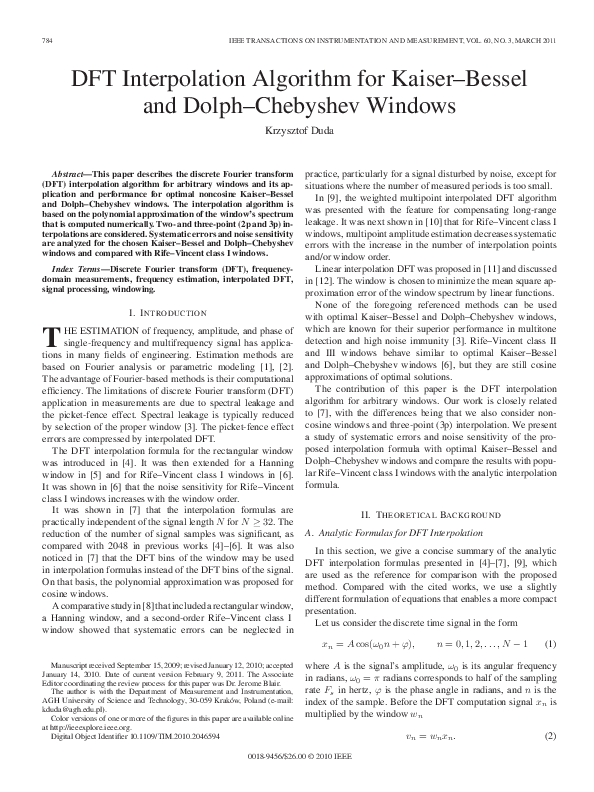 Pdf Dft Interpolation Algorithm For Kaiserbessel And Dolphchebyshev