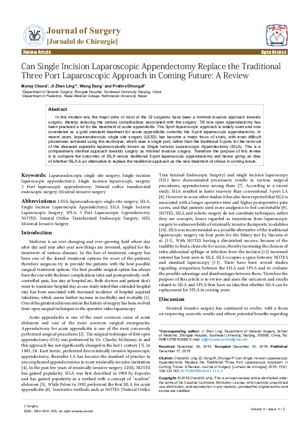 (PDF) Can Single Incision Laparoscopic Appendectomy Replace the Traditional Three Port ...