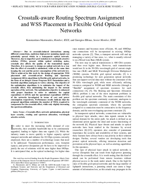 Pdf Crosstalk Aware Routing Spectrum Assignment And Wss Placement In