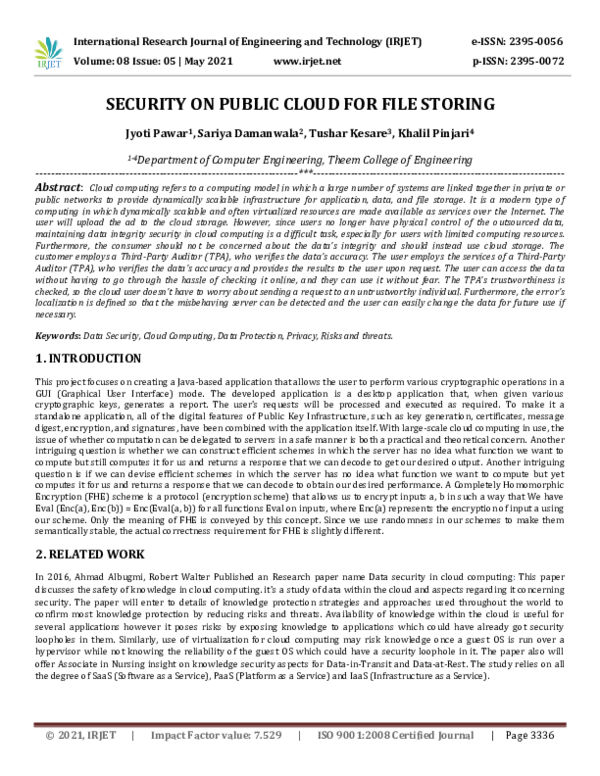 (PDF) IRJET- SECURITY ON PUBLIC CLOUD FOR FILE STORING