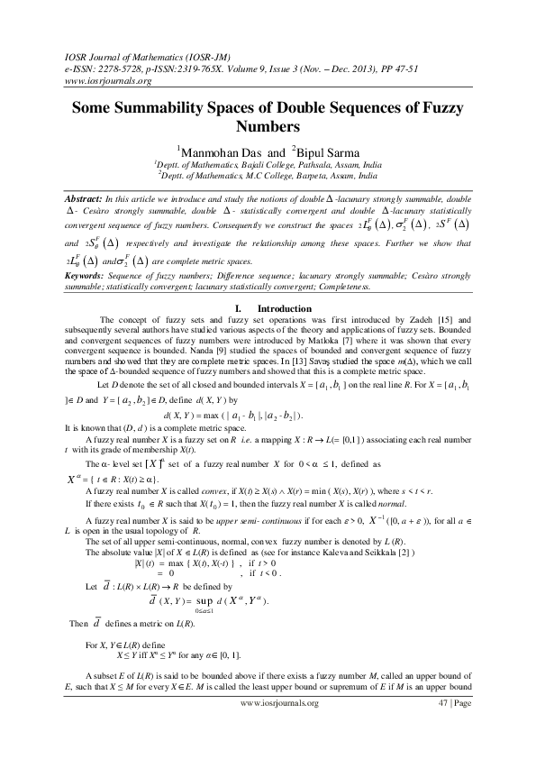 (PDF) Some Summability Spaces of Double Sequences of Fuzzy Numbers