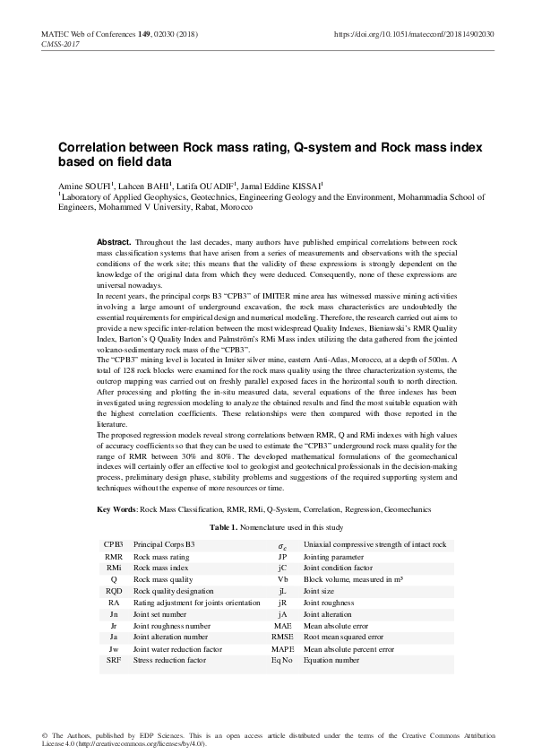 Pdf Correlation Between Rock Mass Rating Q System And Rock Mass Index Based On Field Data