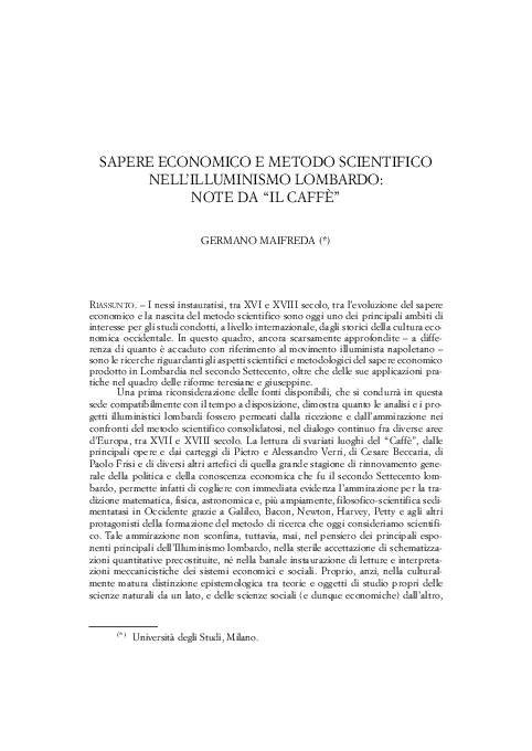 (PDF) Sapere Economico e Metodo Scientifico Nell’Illuminismo Lombardo ...