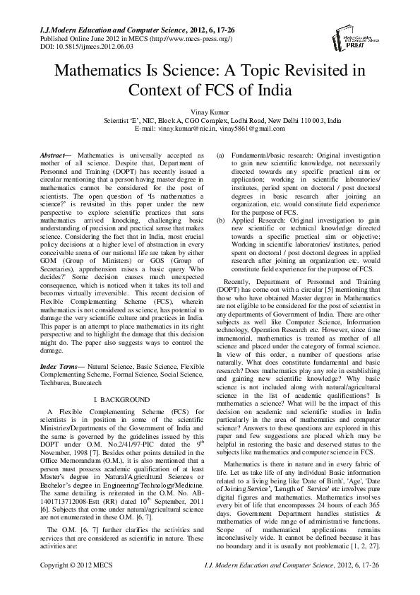(PDF) Mathematics Is Science: A Topic Revisited in Context of FCS