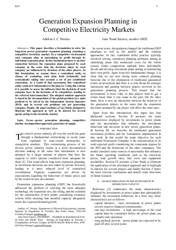 (PDF) Generation Expansion Planning in Competitive Electricity Markets