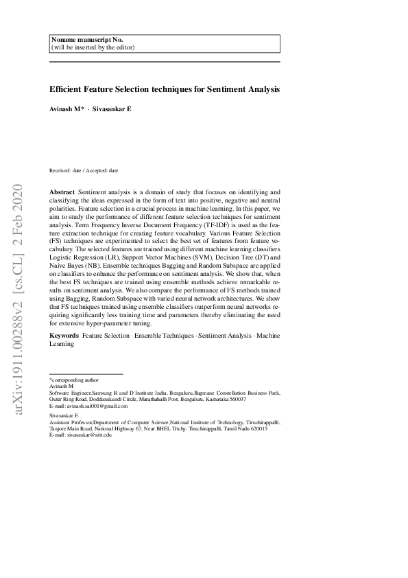 Pdf Efficient Feature Selection Techniques For Sentiment Analysis